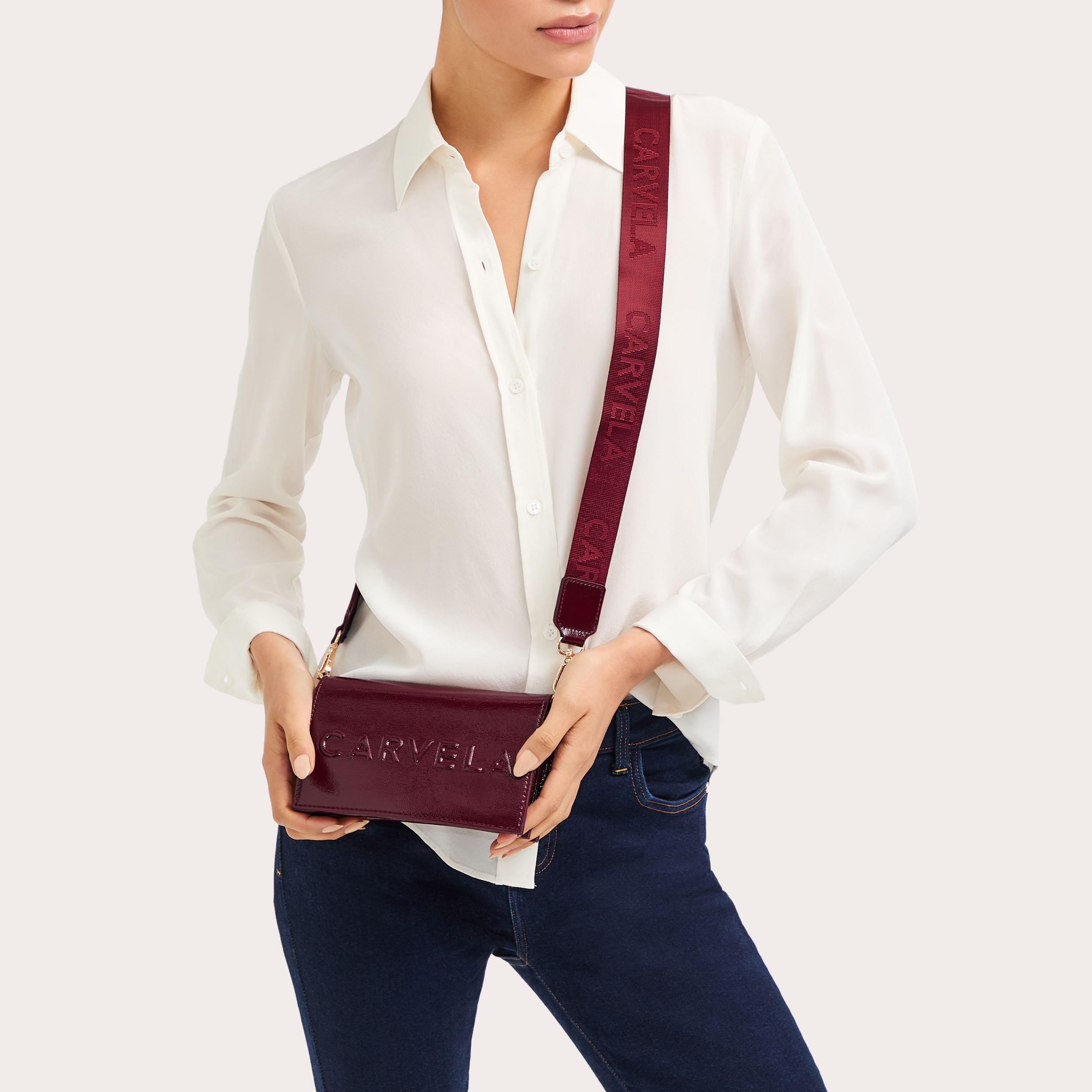 FRAME WALLET X BODY Dark Red Cross Body Wallet by CARVELA
