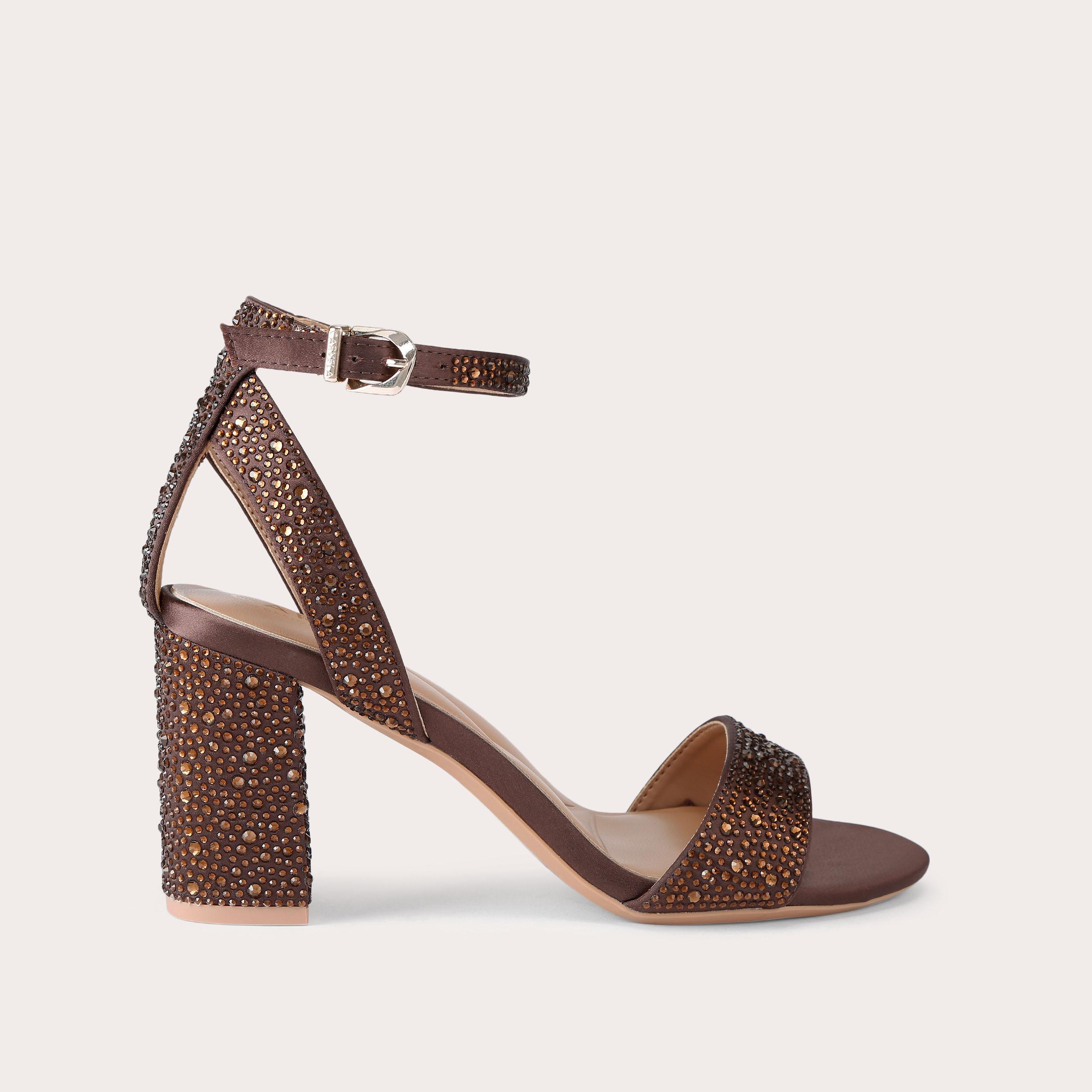 KIANNI Brown Satin Crystal Block Heel by CARVELA