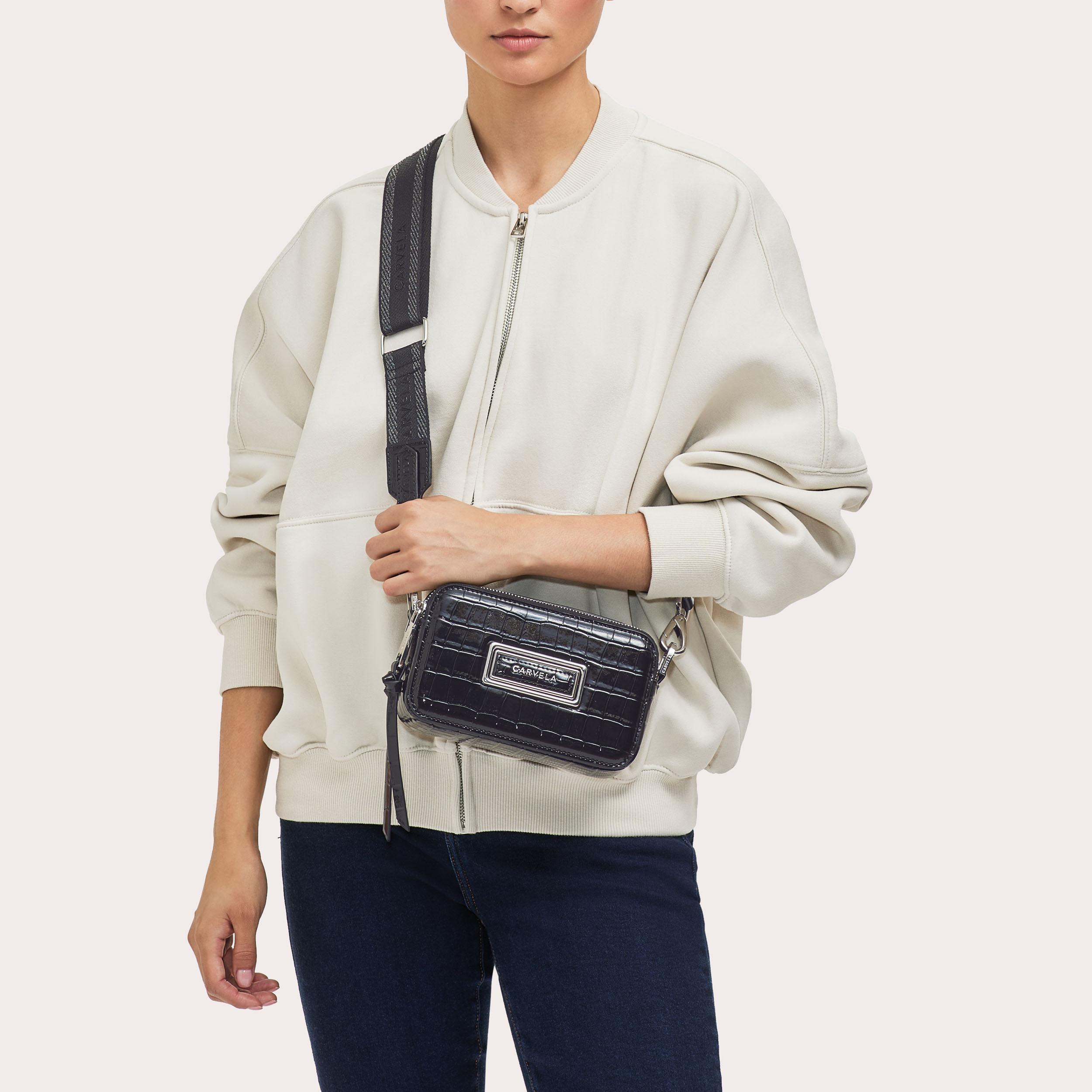 MINI ROMA RECTANGLE Black Croc Cross Body Bag by CARVELA
