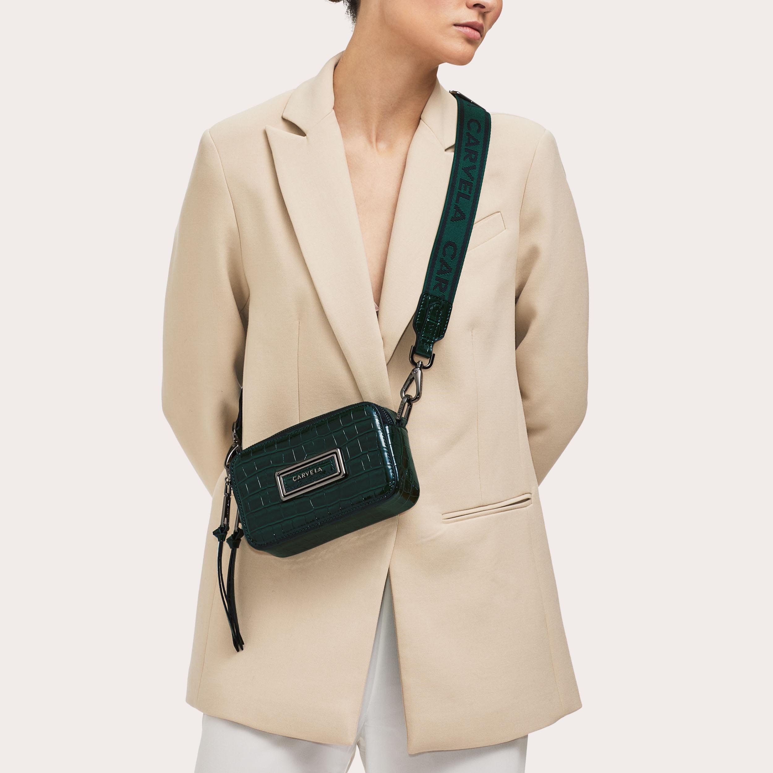 MINI ROMA RECTANGLE Green Croc Cross Body Bag by CARVELA