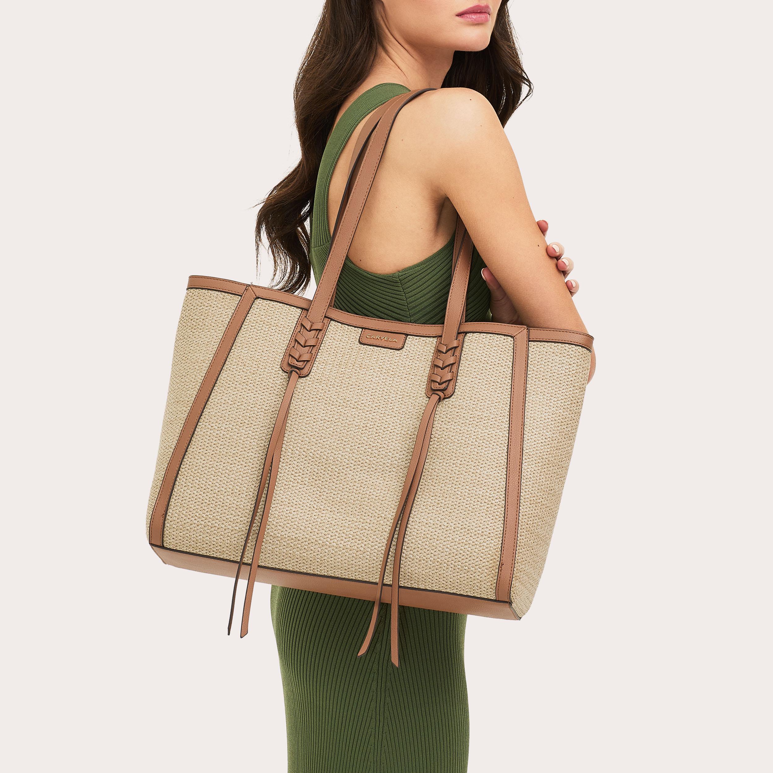 TASSEL WINGED TOTE Tan Raffia Tote Bag by CARVELA
