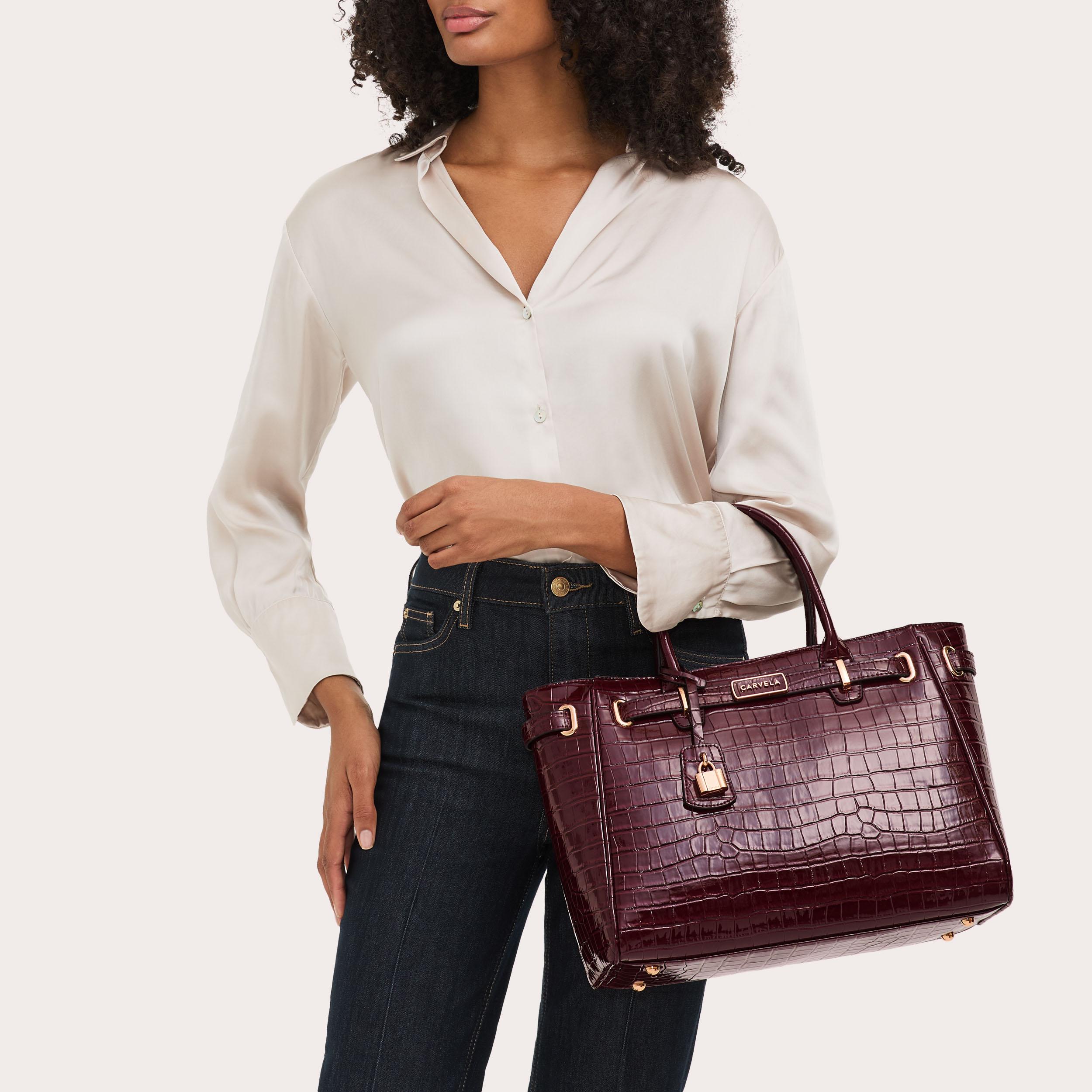 VIOLET BELTED TOTE Red Croc Embossed Patent Tote Bag by CARVELA