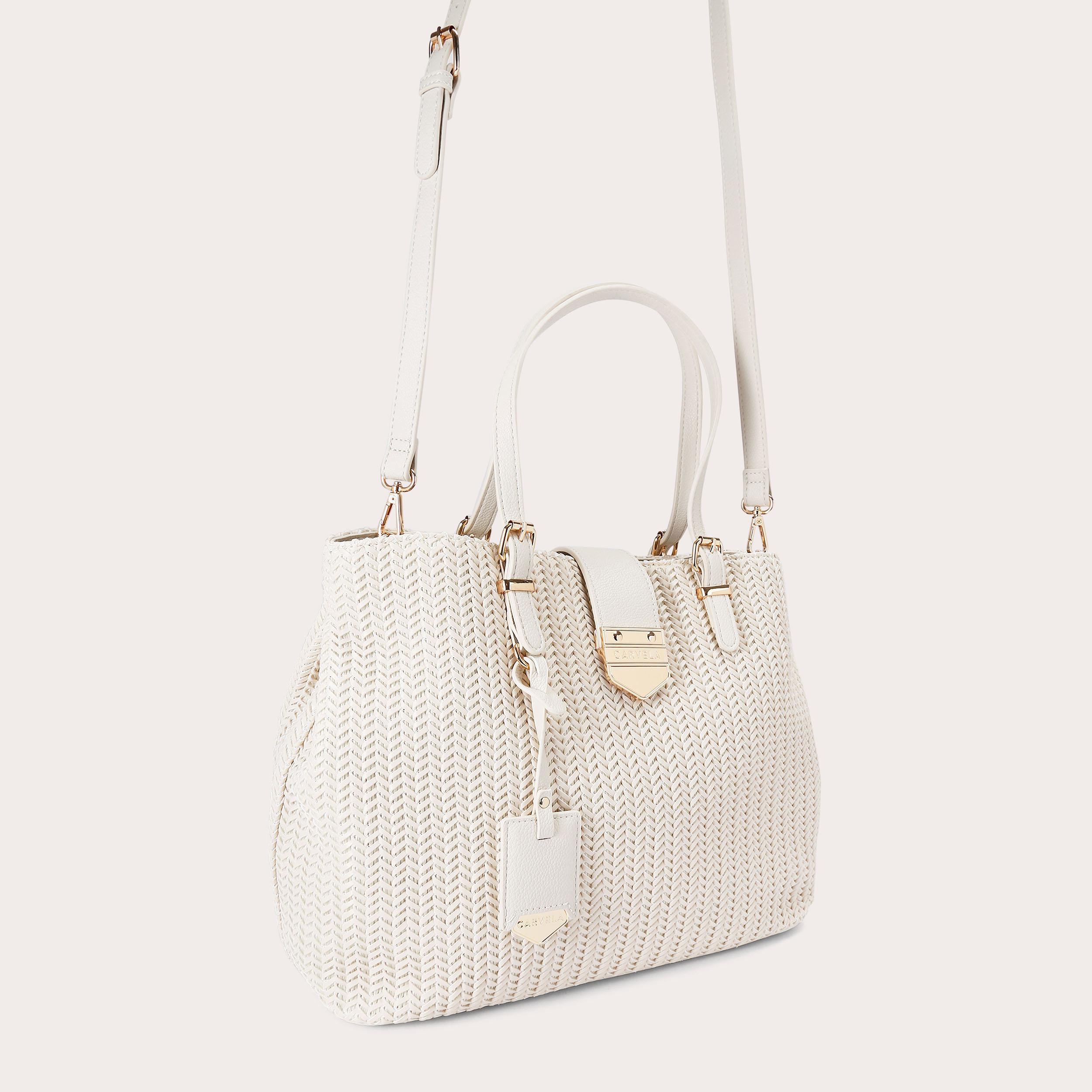 MARIA MIDI WEAVE Woven Bone Tote Bag by CARVELA
