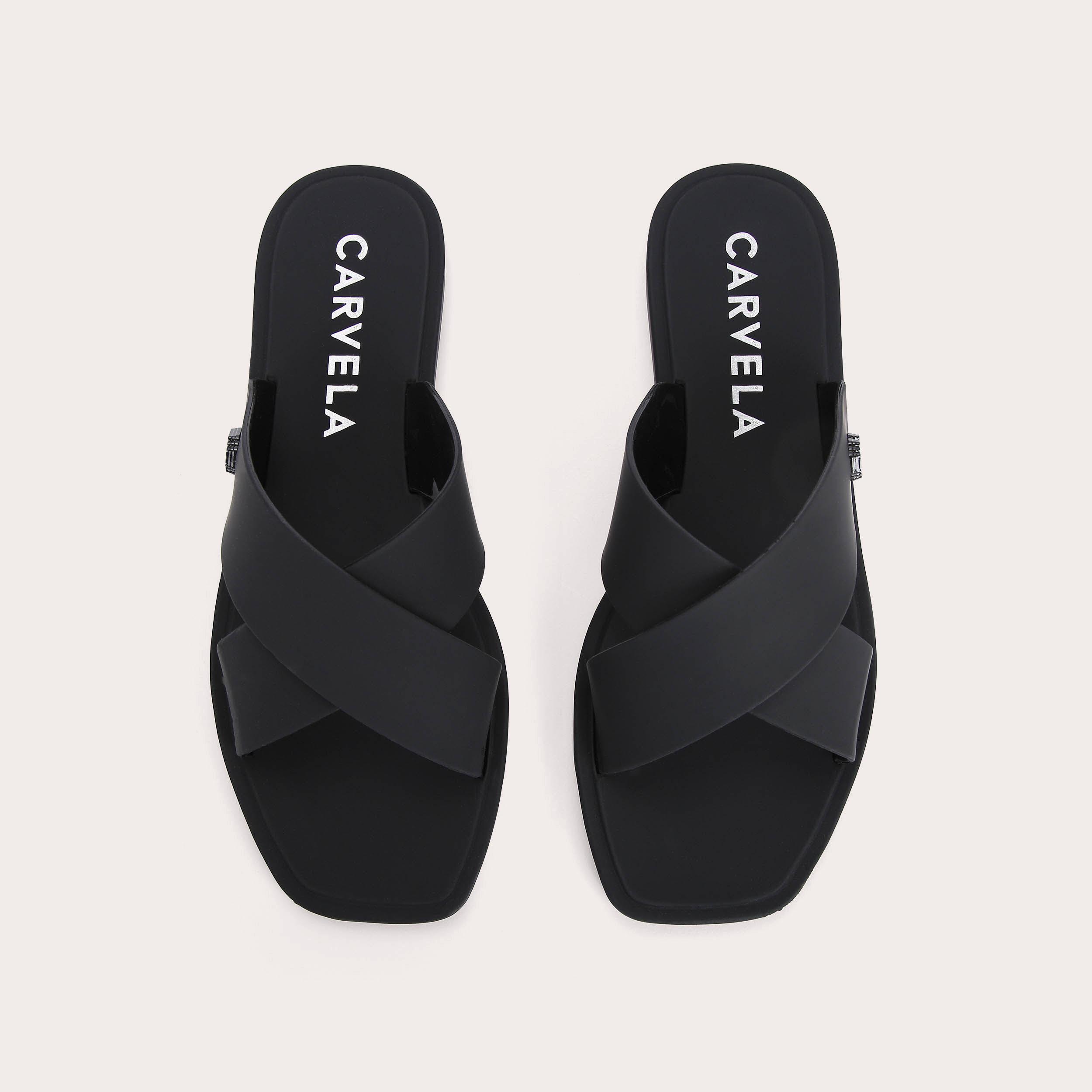 LUNE Matte Black Slide On Sandals by CARVELA
