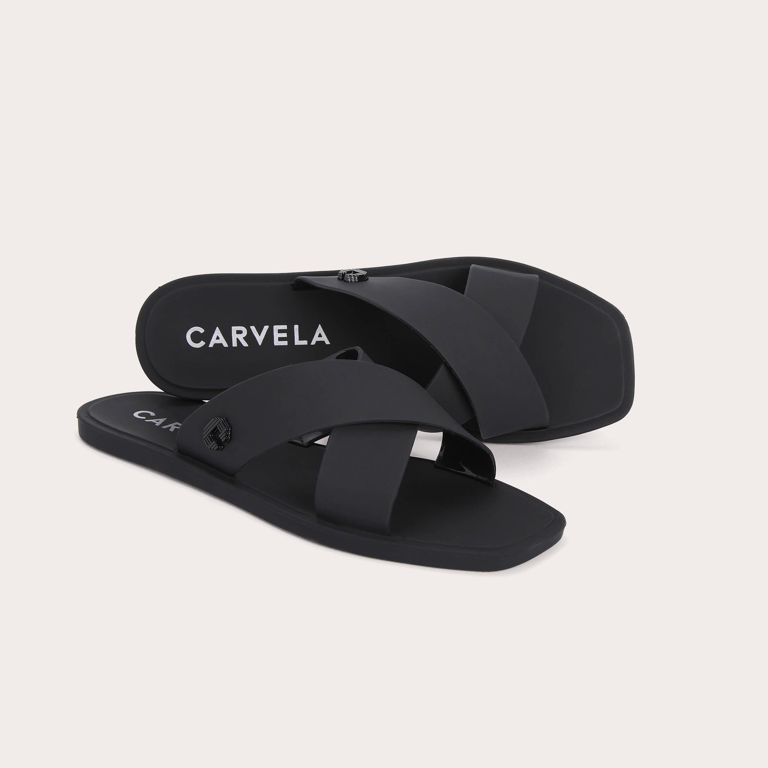 LUNE Matte Black Slide On Sandals by CARVELA