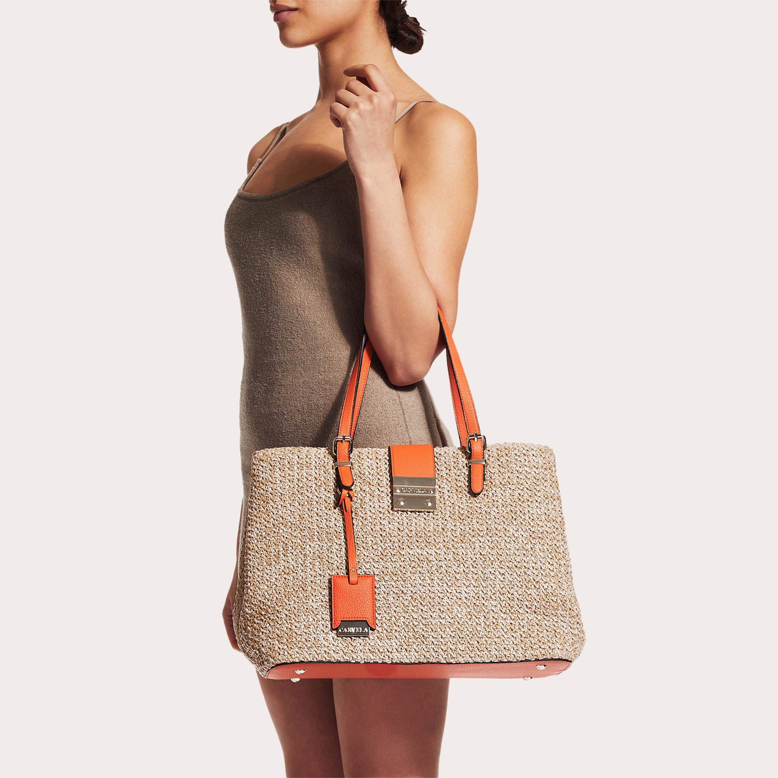 MIDI MANDY Orange Raffia Midi Tote Bag by CARVELA