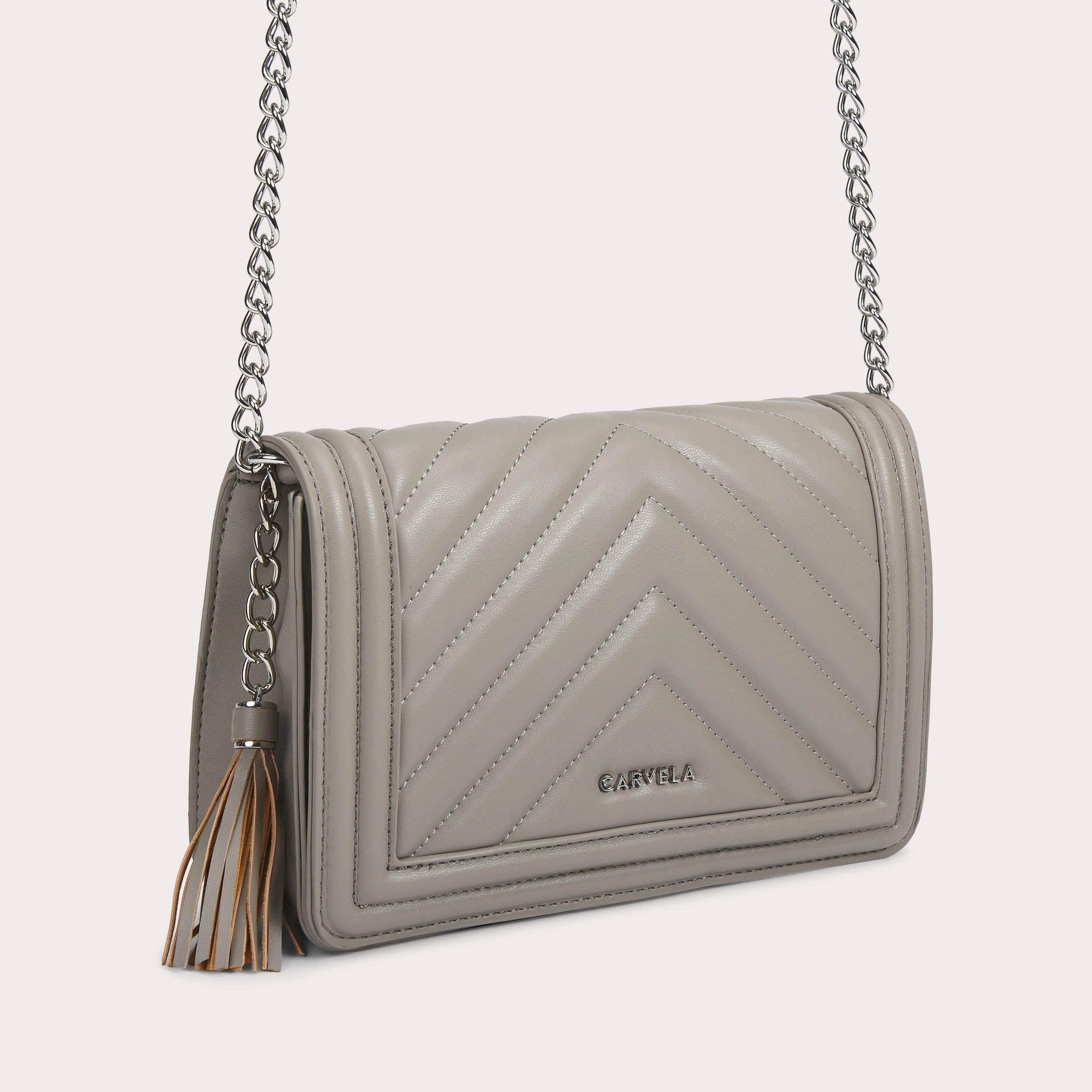LARA TASSEL FLAPOVER Grey Quilted Cross Body Bag by CARVELA