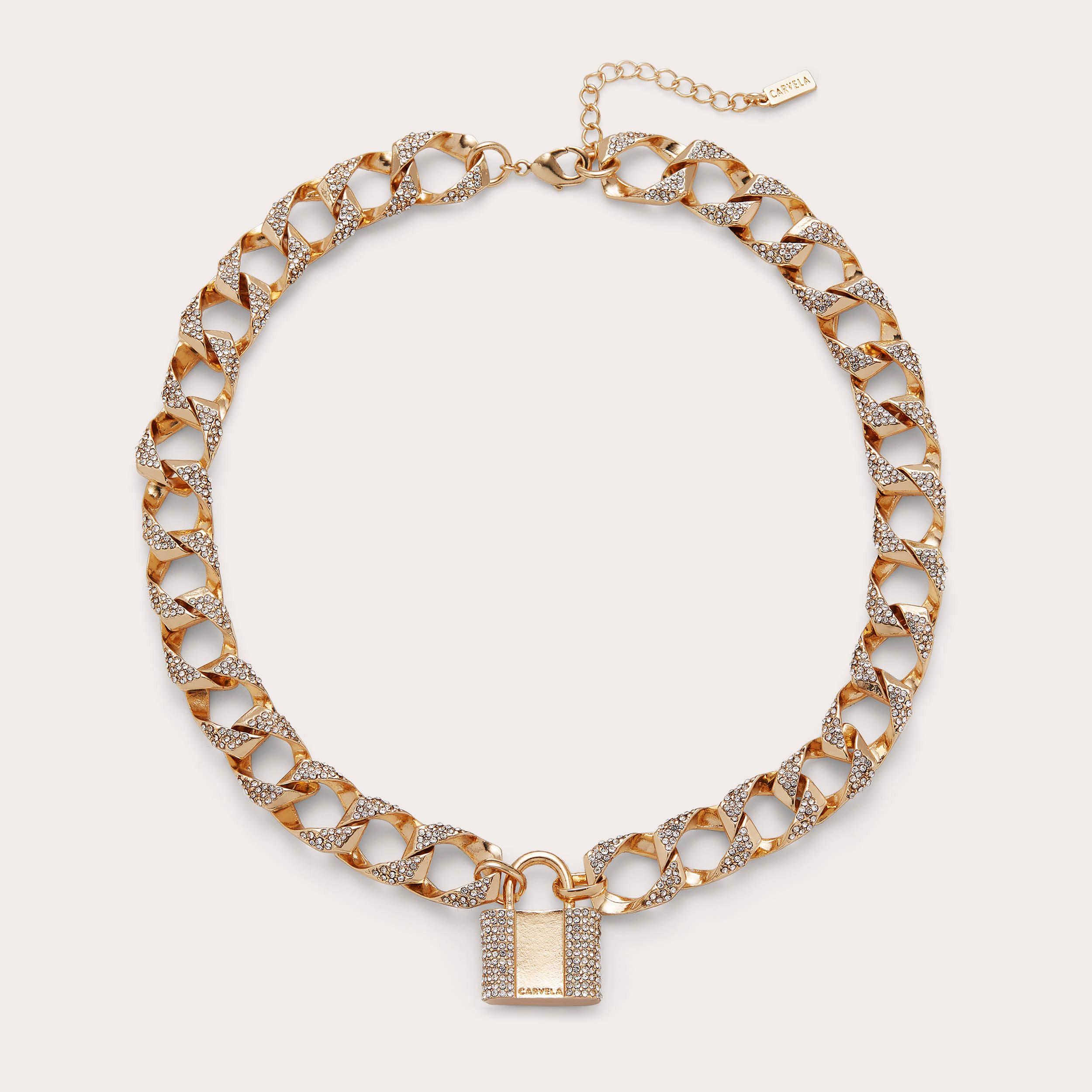 LOCK BLING NECKLACE Gold Tone Chain Crystal Necklace by CARVELA