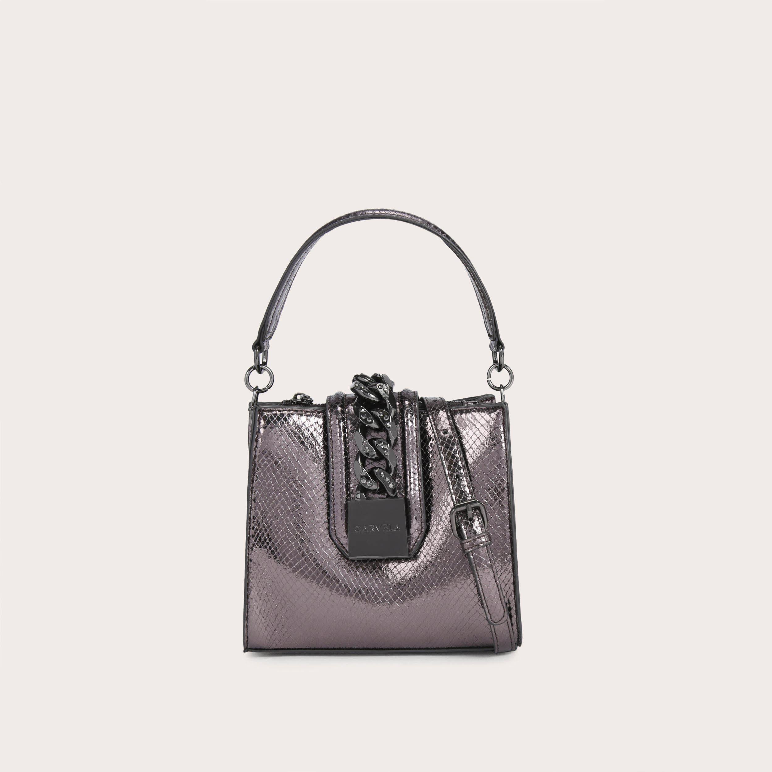 MIKHAELA CHAIN MINI TOTE Pewter Lizard Embossed Mini Tote Bag by CARVELA