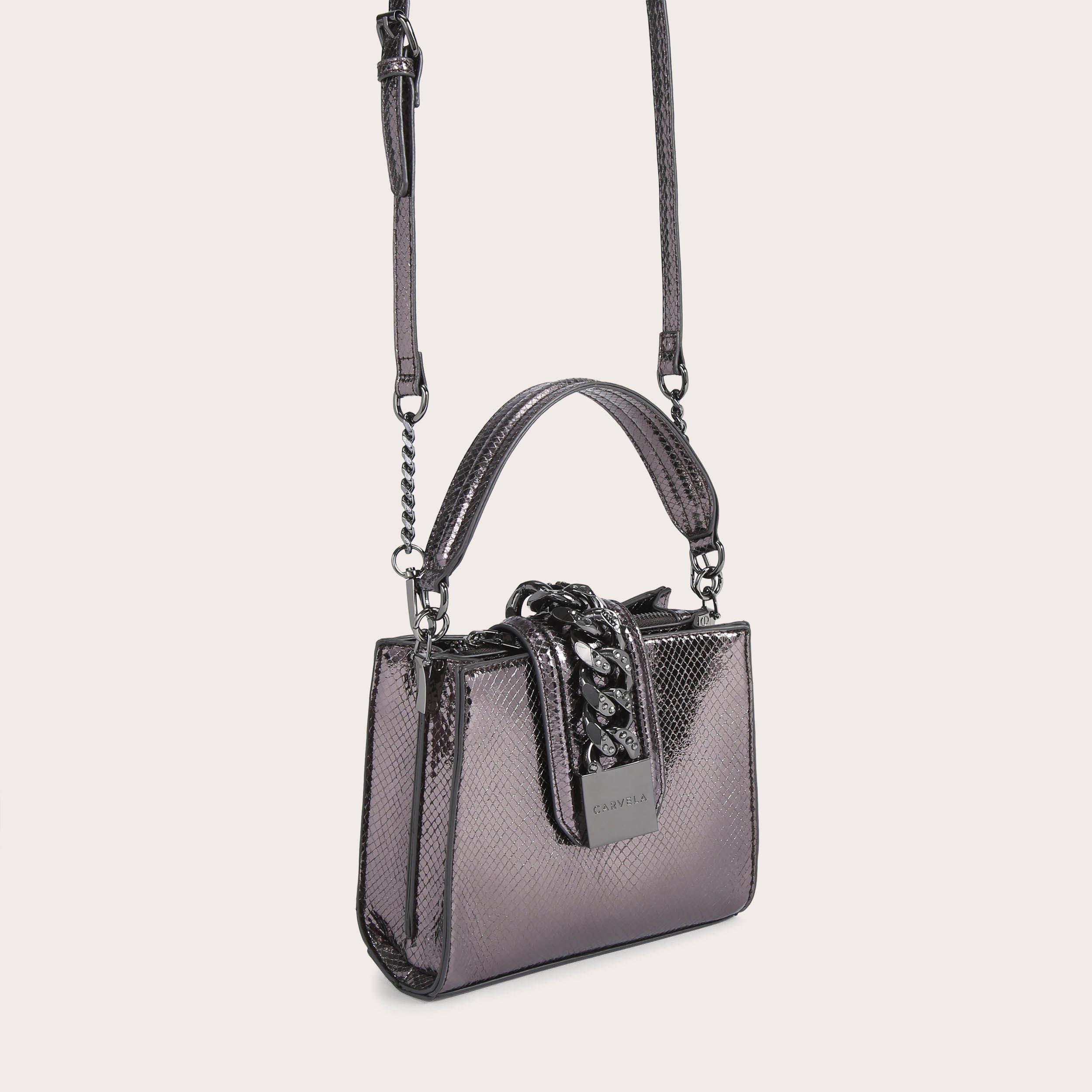MIKHAELA CHAIN MINI TOTE Pewter Lizard Embossed Mini Tote Bag by CARVELA